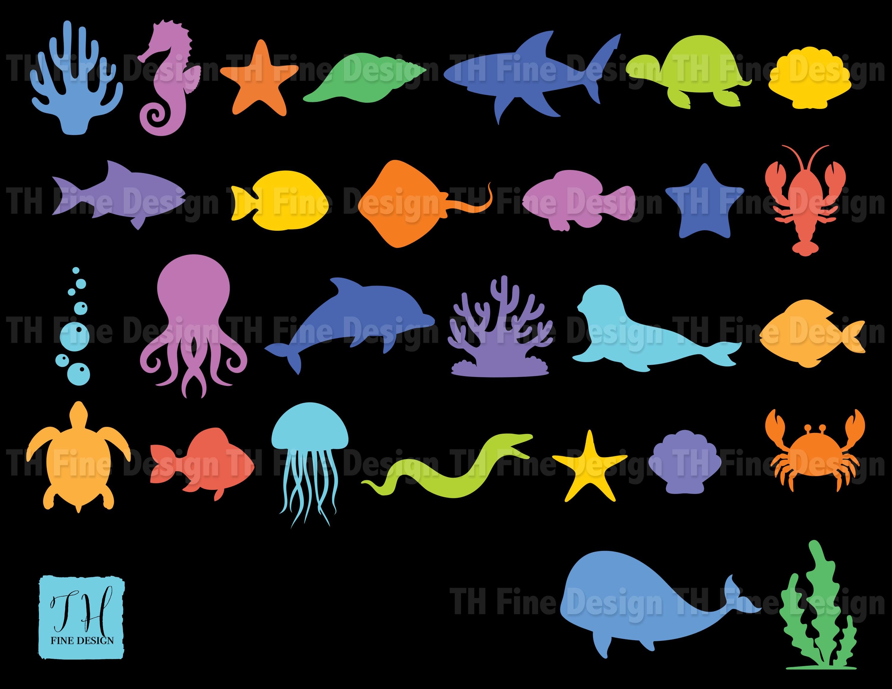 SVG Ocean Life Clip Art Sea Creatures Fish Octopus Dolphin Turtle Jelly ...