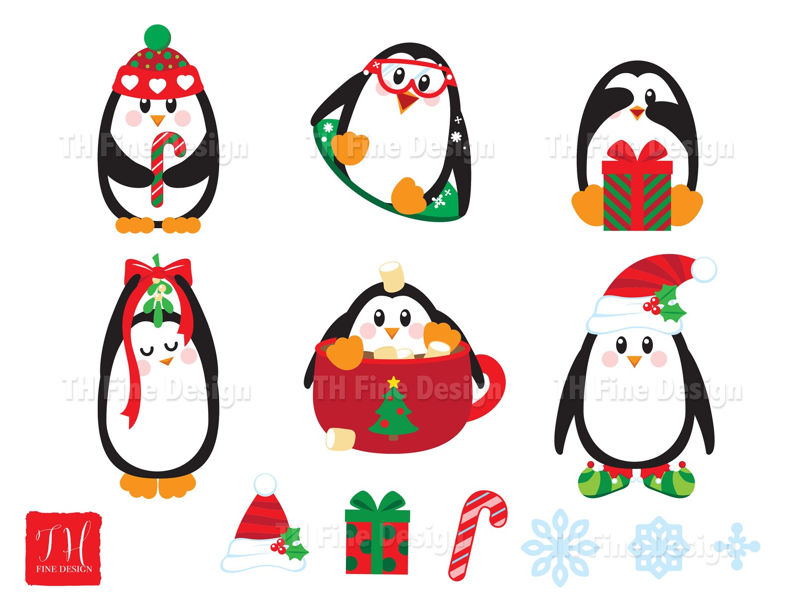 Festive Holiday Christmas Penguins Cute Fun Penguin Candy Cane - Etsy