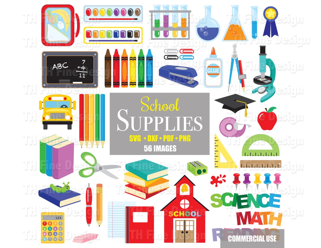 SVG School Supplies Clip Art Download Bundle Teacher Room Decor ...