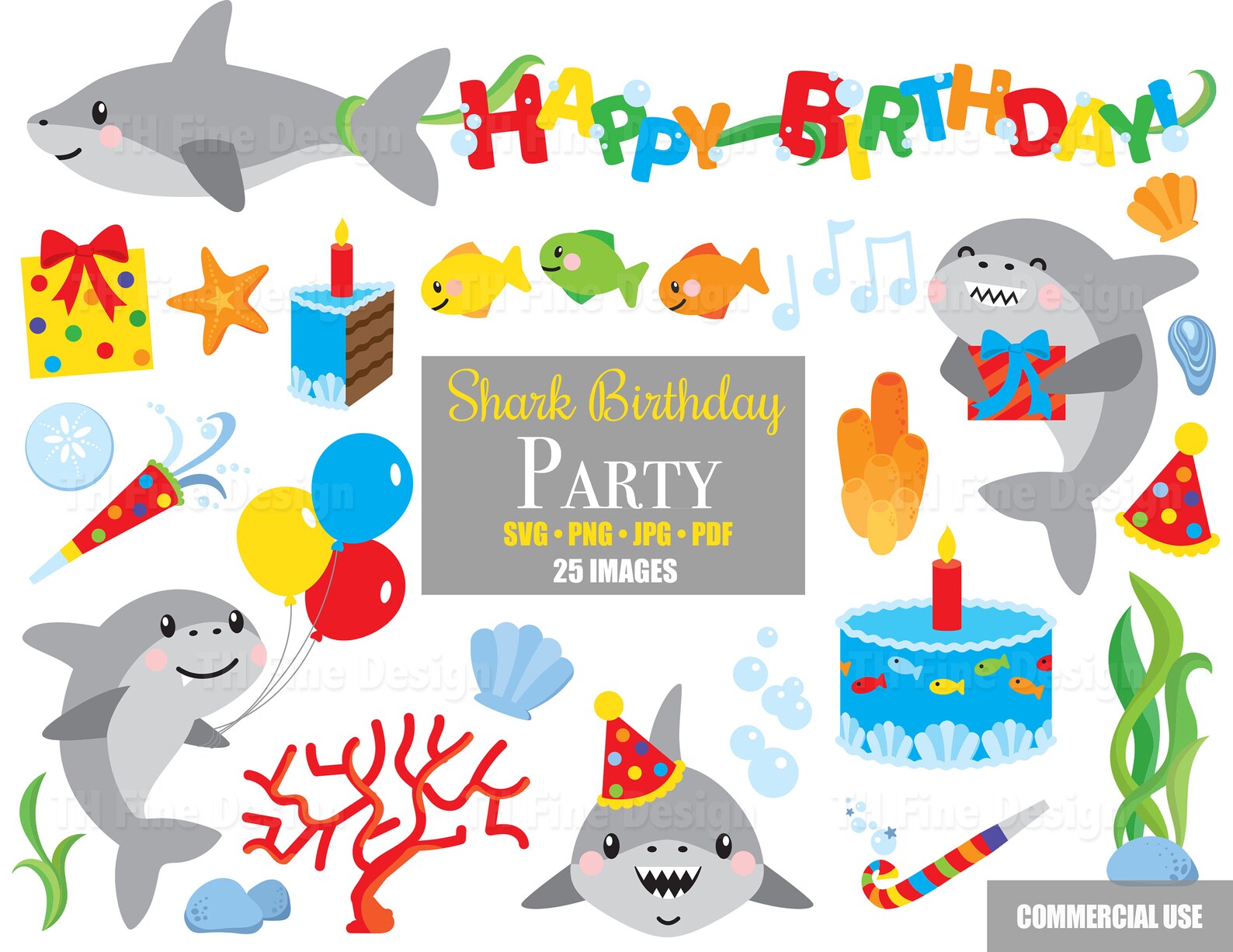 Shark Birthday Party Sharks Sea Fish Bday Clip Art Clipart - Etsy