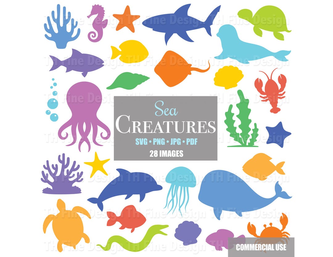 Sea Creatures Ocean Life Silhouettes Clip Art Downloadable Fish Whale ...