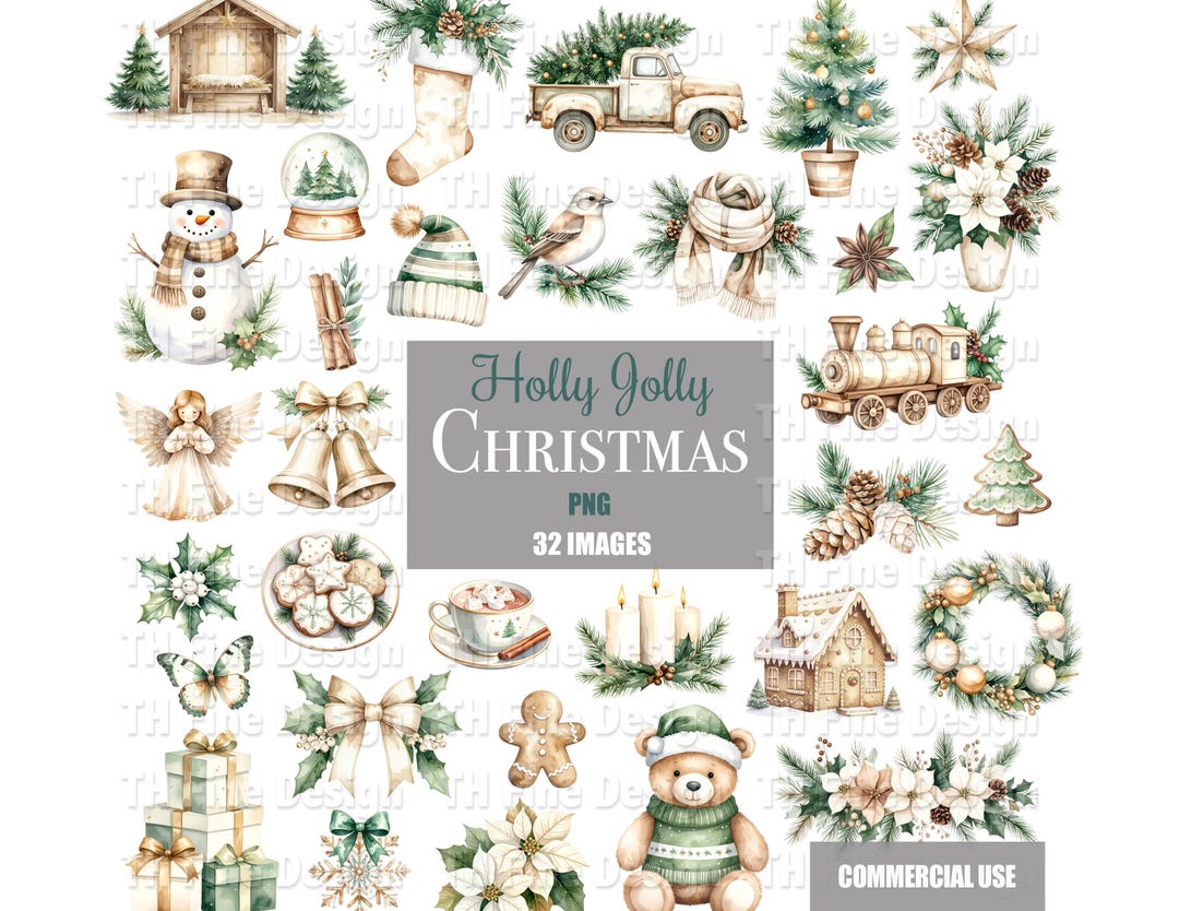 Christmas Clip Art Neutral Boho Nature Cozy Rustic Winter Downloadable ...
