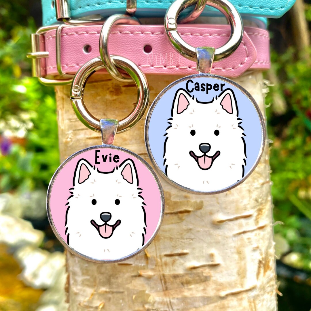 American Eskimo Dog Tag Cute Cartoon Personalised Breed Portrait ...
