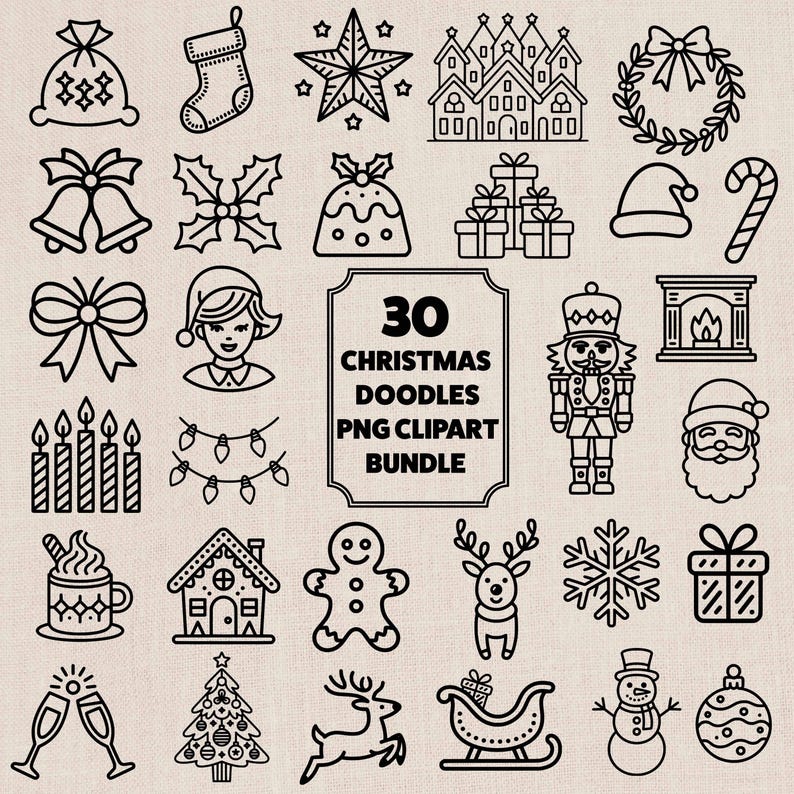 30 Christmas Doodles Bundle Png, 4 Colours, Line Art With Transparent ...