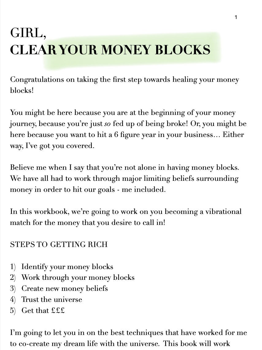 Clear Your Money Blocks / Manifesting Money Workbook / Law of ...