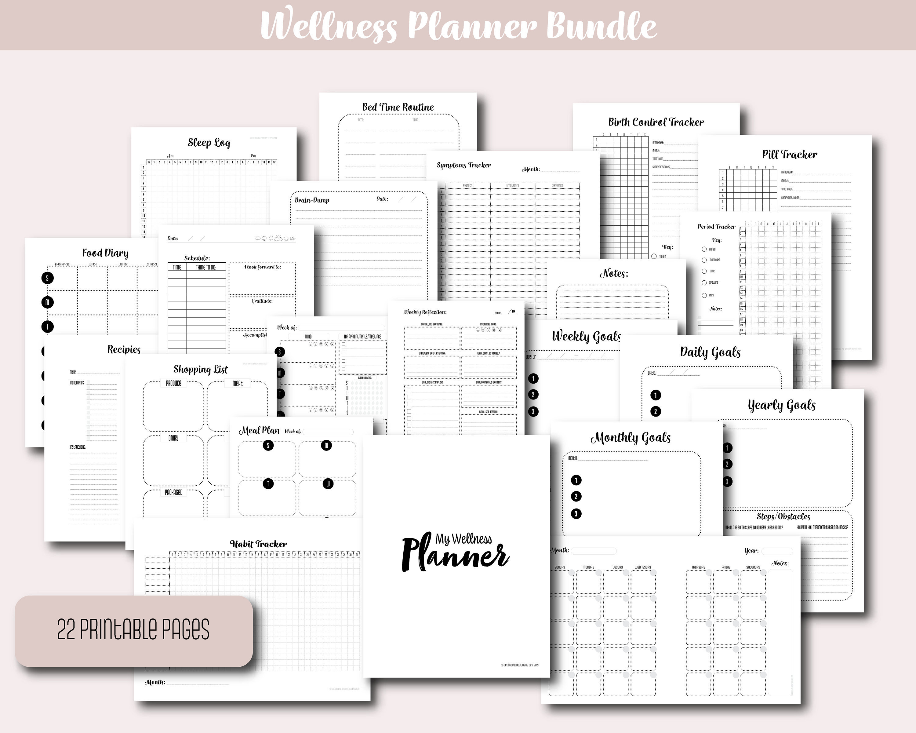 Printable Wellness Planner Bundle - for Self Care - Habit Tracker, Goal ...