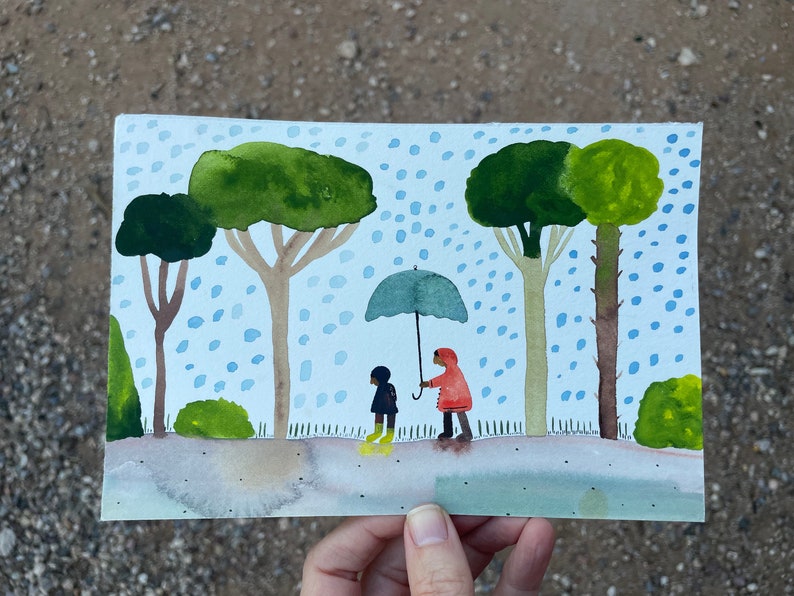 Walk in the Rain Watercolor Painting on Printmaking Paper 7.25 X 4.5 - Etsy