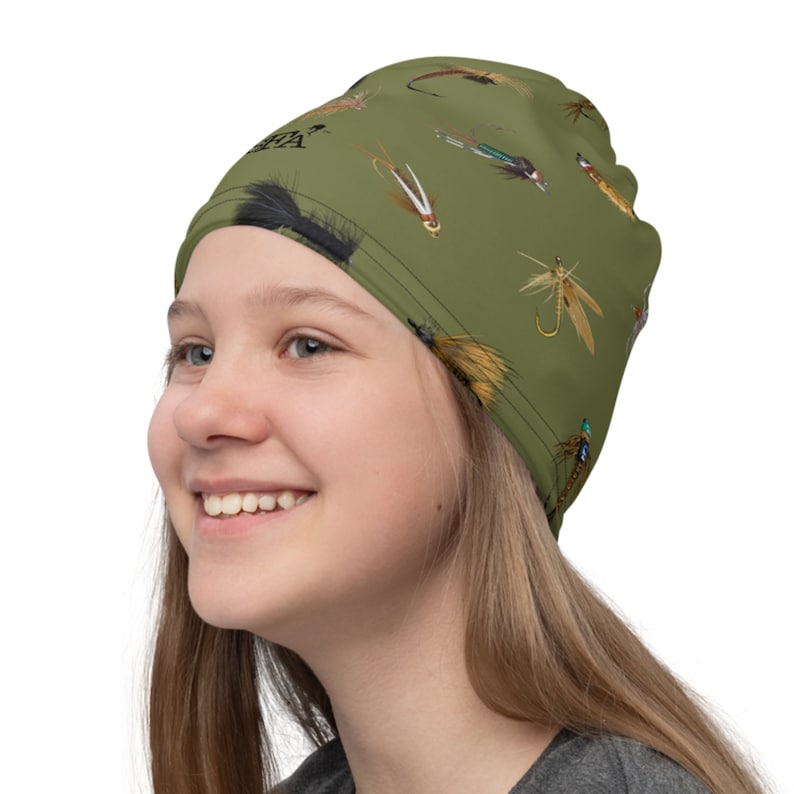 Trout Fly Fishing Flies Neck Gaiter Army Green | ORIGINAL HAND-DRAWN ...