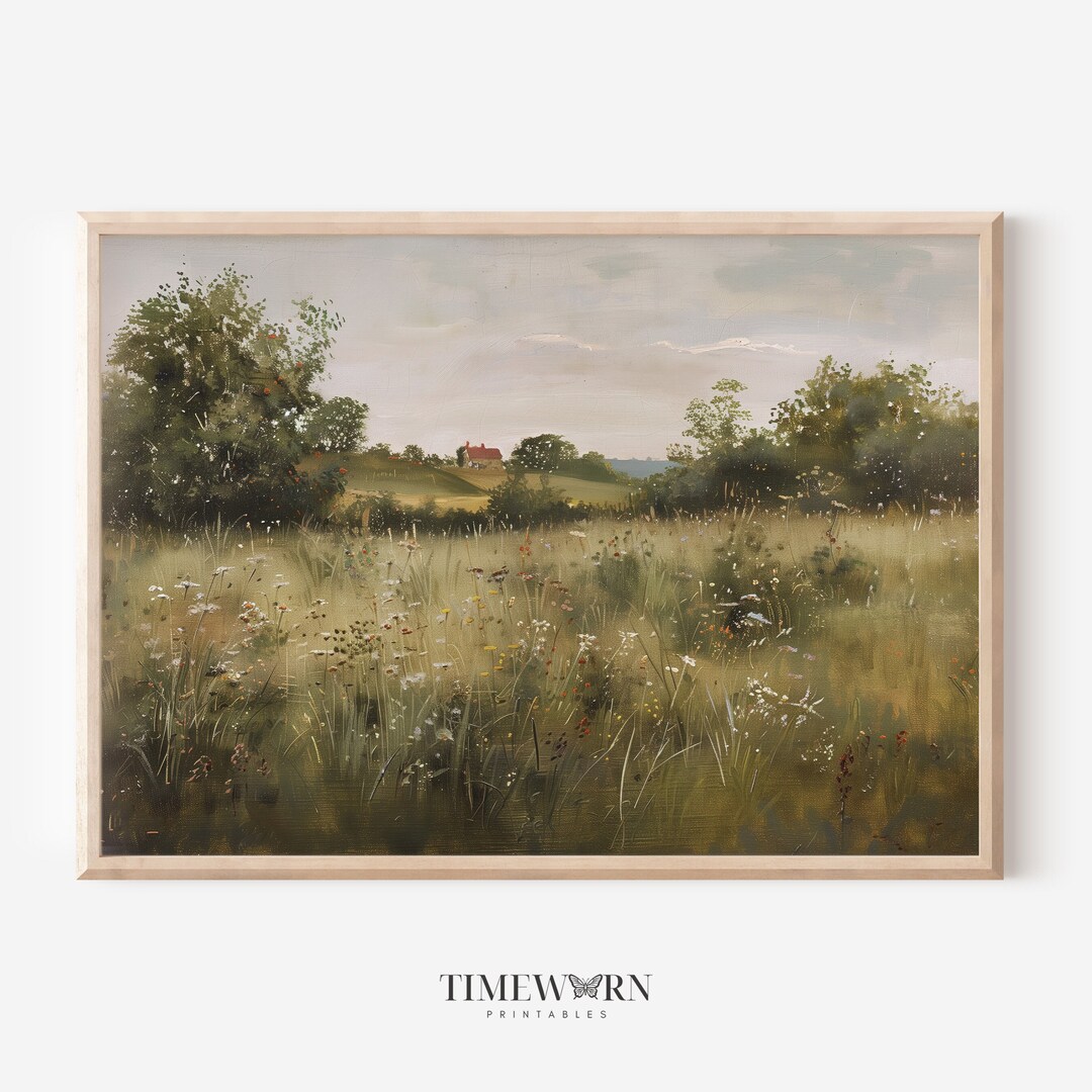 Vintage Wildflower Field Landscape Painting, Printable Wall Art, Meadow ...