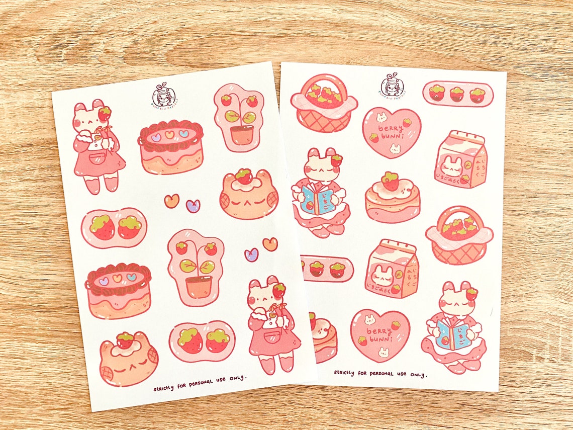 Strawberry Bunny Sticker SET 2 X Sticker Sheets part 1 & 2 - Etsy
