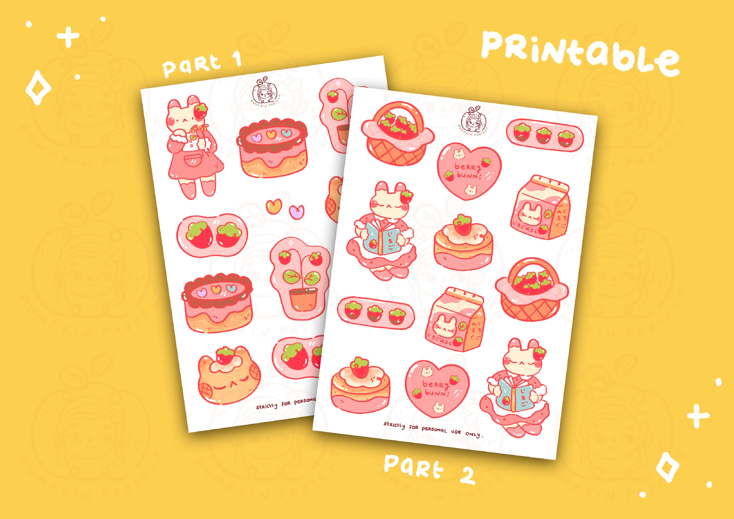 Strawberry Bunny Sticker SET - 2 X Sticker Sheets (part 1 & 2 ...