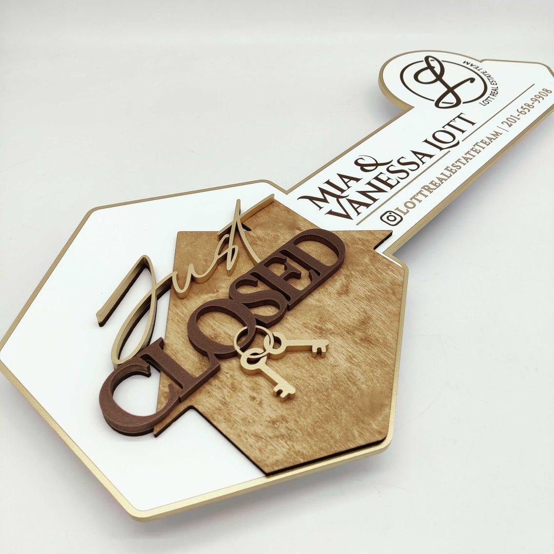 Just Closed Signage, Logo Key Sign, Gold Closing Photo Prop, Wood House ...