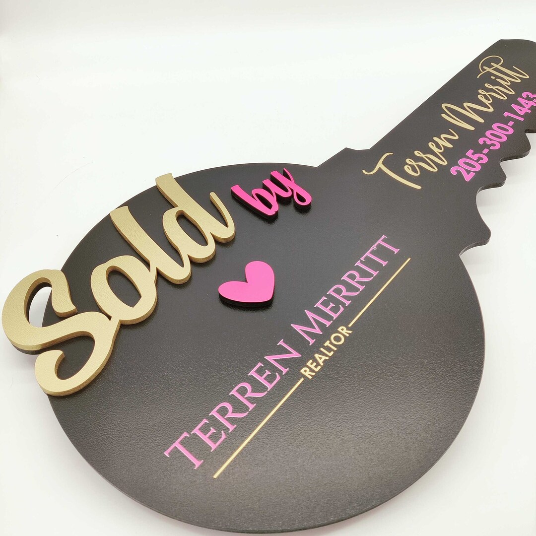 Gold Sold by Key Sign, 3D Realtor Closing Custom With Heart, Sold Real ...