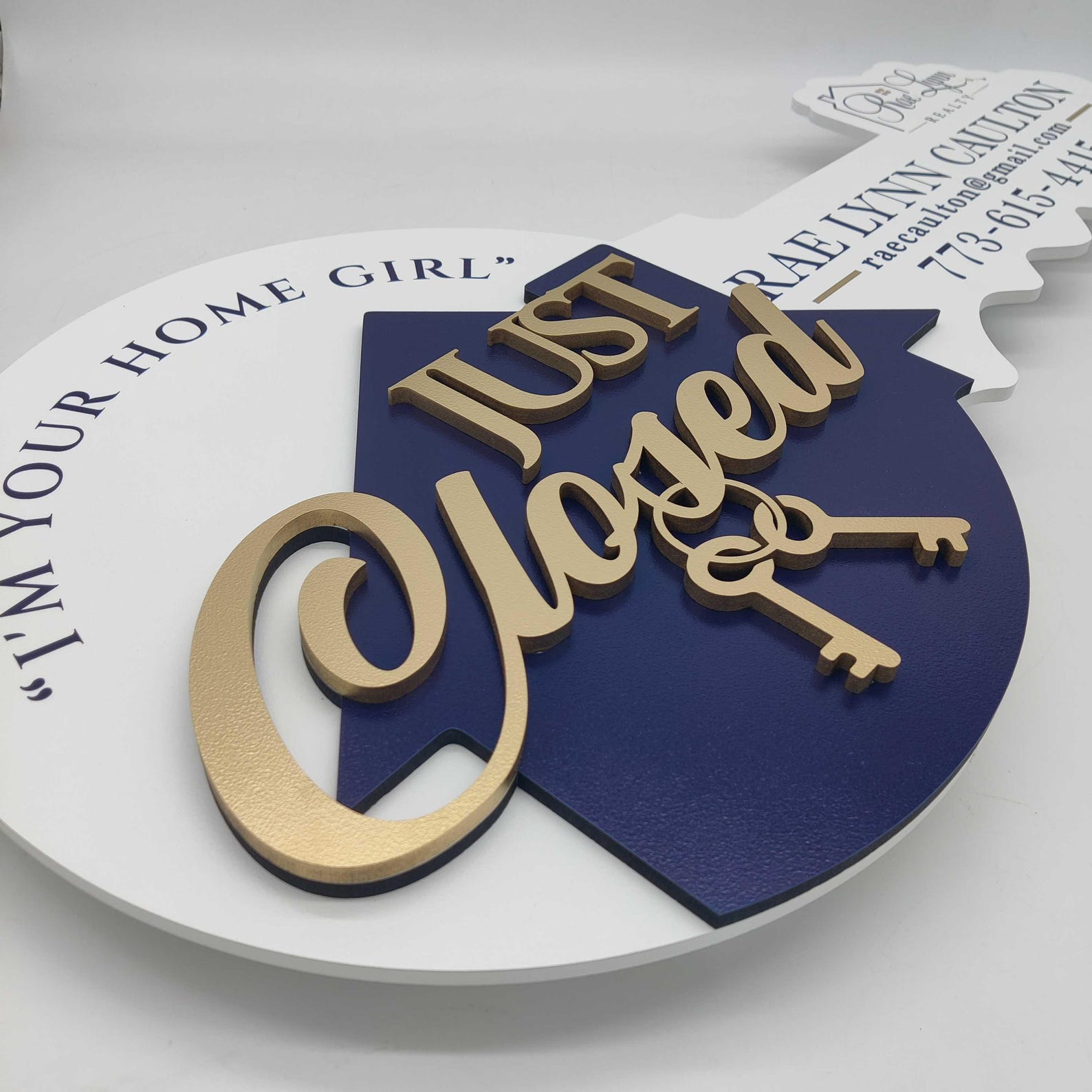 Just Closed, Navy Blue Key House Sign, 3D Closing Photo Prop, Round Key ...