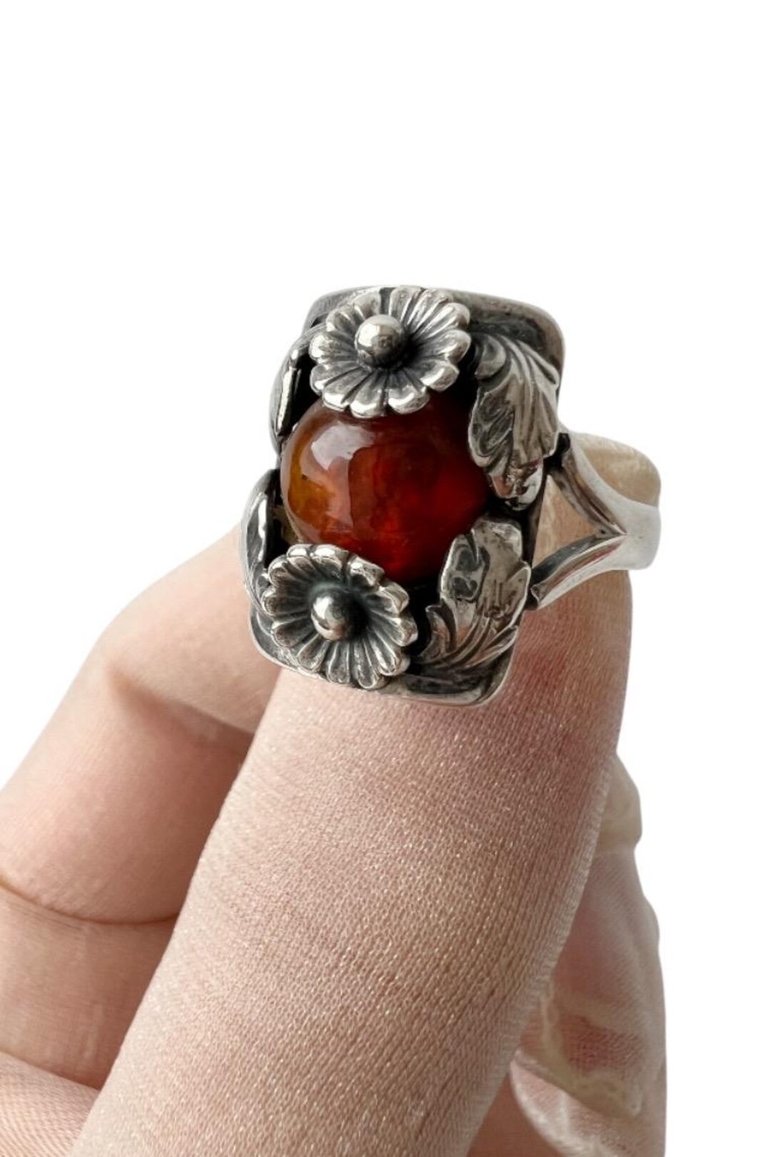 Vintage Niels Erik From Baltic Amber Ring, Sterling Silver Daisy Design ...