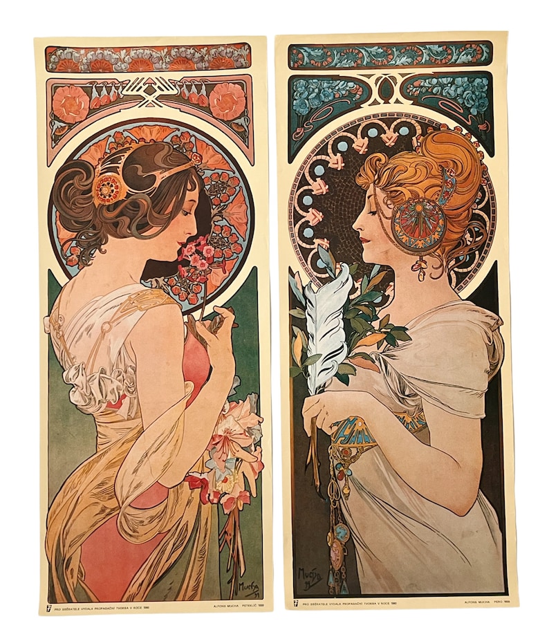 Art Nouveau ALPHONSE MUCHA Prints. the Primrose and the Feather. Set of ...