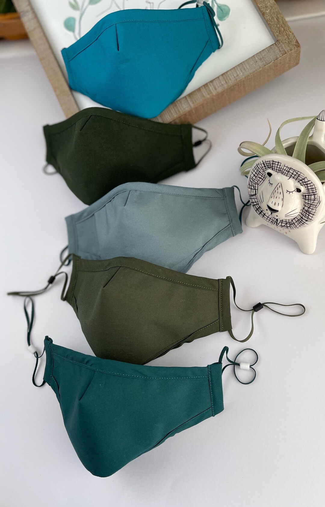 Green Blue Solid Colors Fabric Face Mask With Filter Pocket 3 Layers of ...