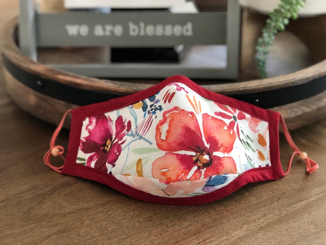 Red Floral Fabric Face Mask With Filter Pocket 3 Layers of Fabric 100 ...