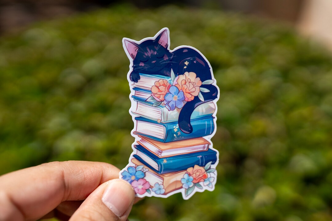 Cute Black Cat Sleeping on a Stack of Books, Waterproof Vinyl, Sticker ...