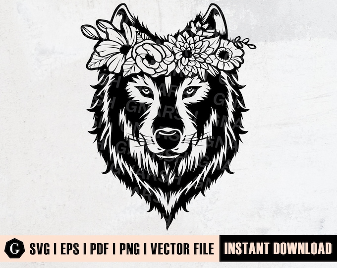 Wolf SVG File, Wolf With Flower Crown SVG, Wolf Cut File, Animal Face ...