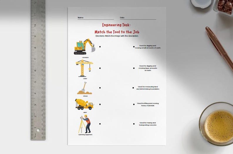 Educational Civil Engineering Worksheet for Kids Fun Match the Tool to ...