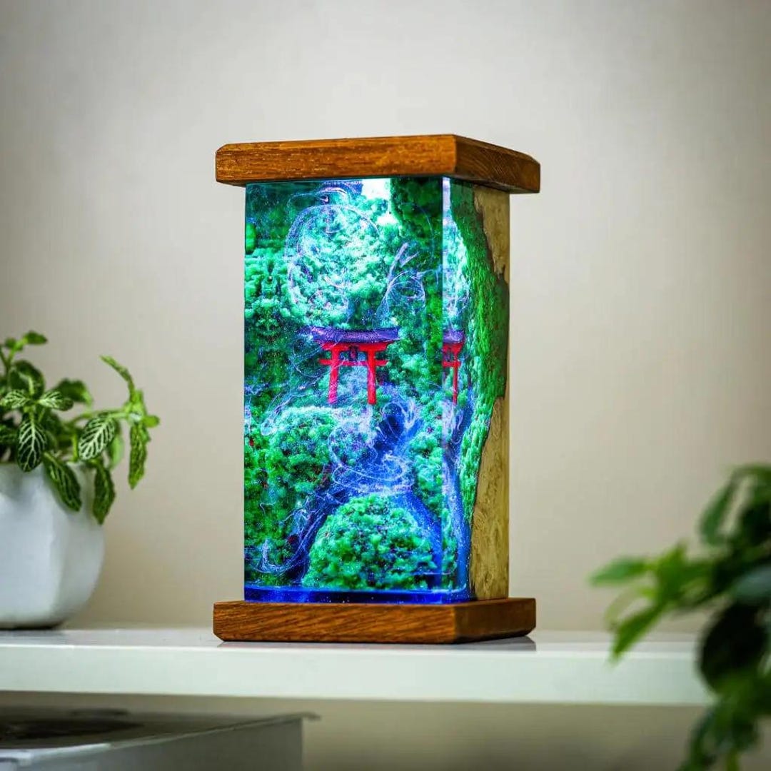 Torii Gate Resin Lamp – Japanese Forest Light Box, Zen Handmade Night ...