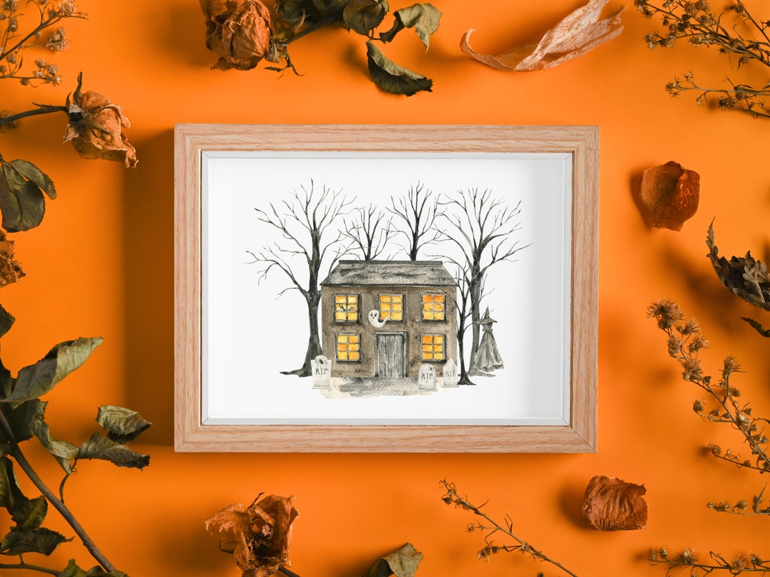 Haunted House Halloween Autumn Watercolour Wall Art - Etsy