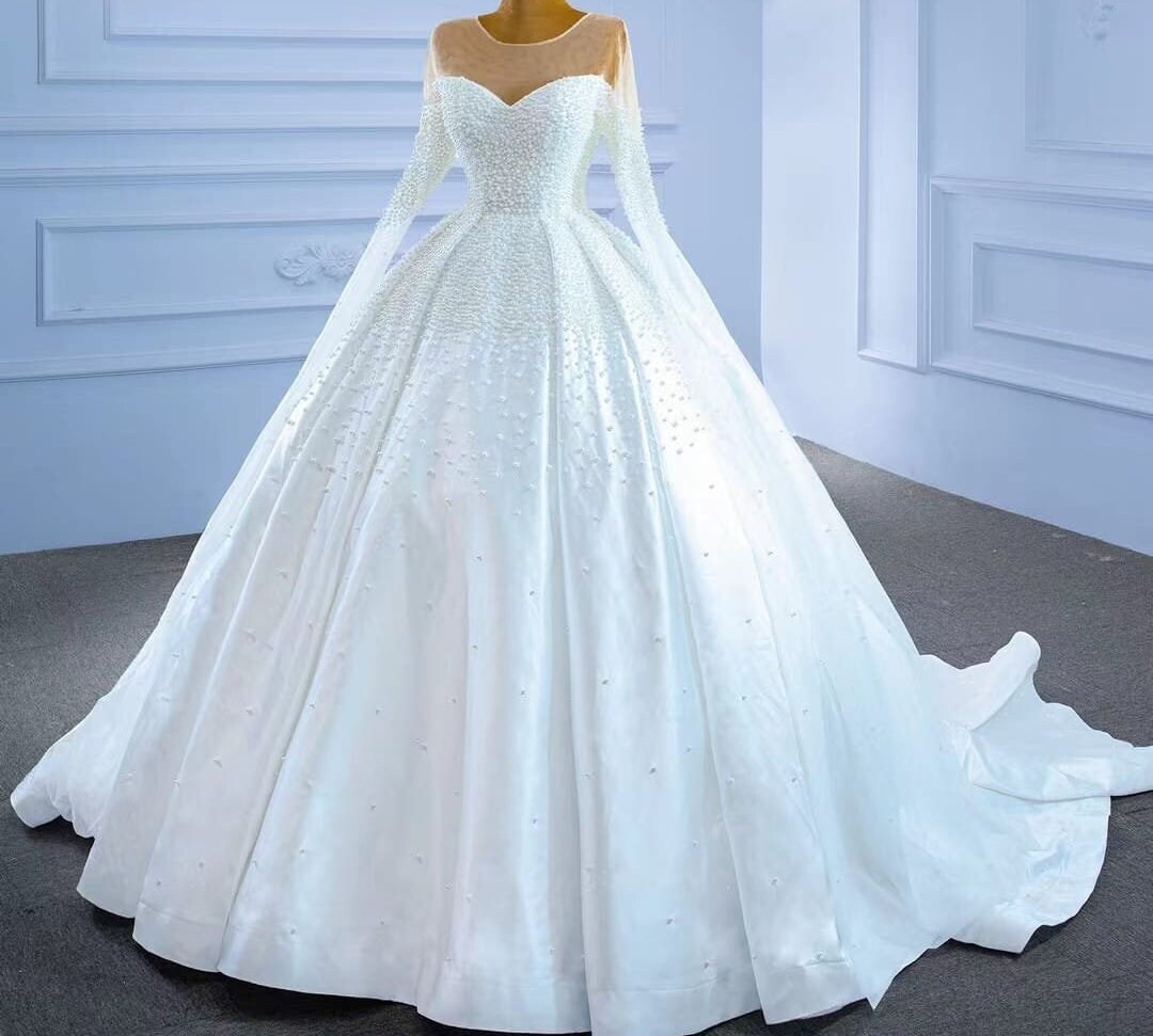 Beaded Satin Long Sleeve Gown - Etsy