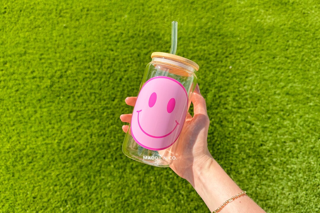 Pink Smiley Face Soda Can Glass 16oz Coffee Glass Aesthetic Glassware ...