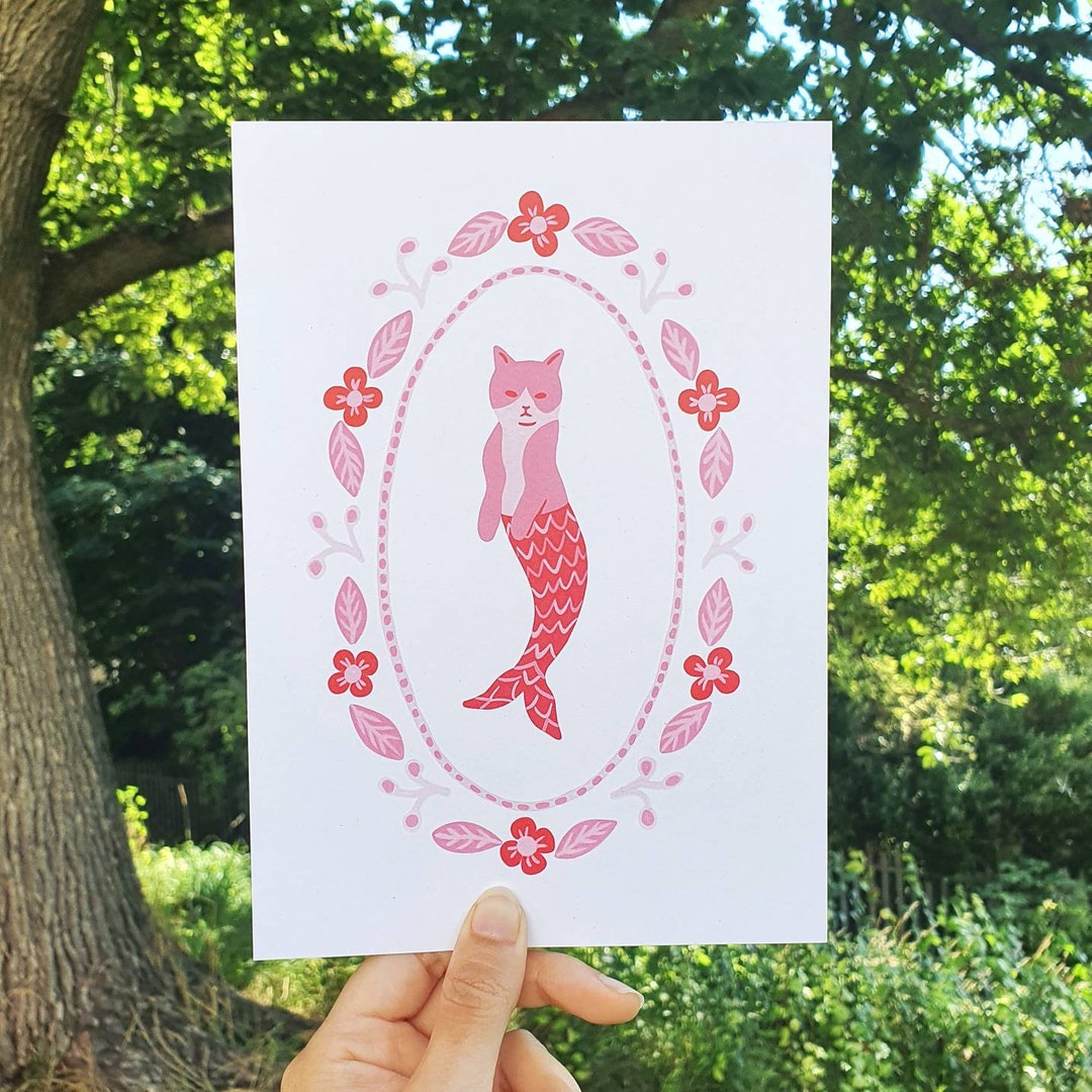 Pink Mercat Print Purrmaid Cat Art Print Cat Artwork - Etsy
