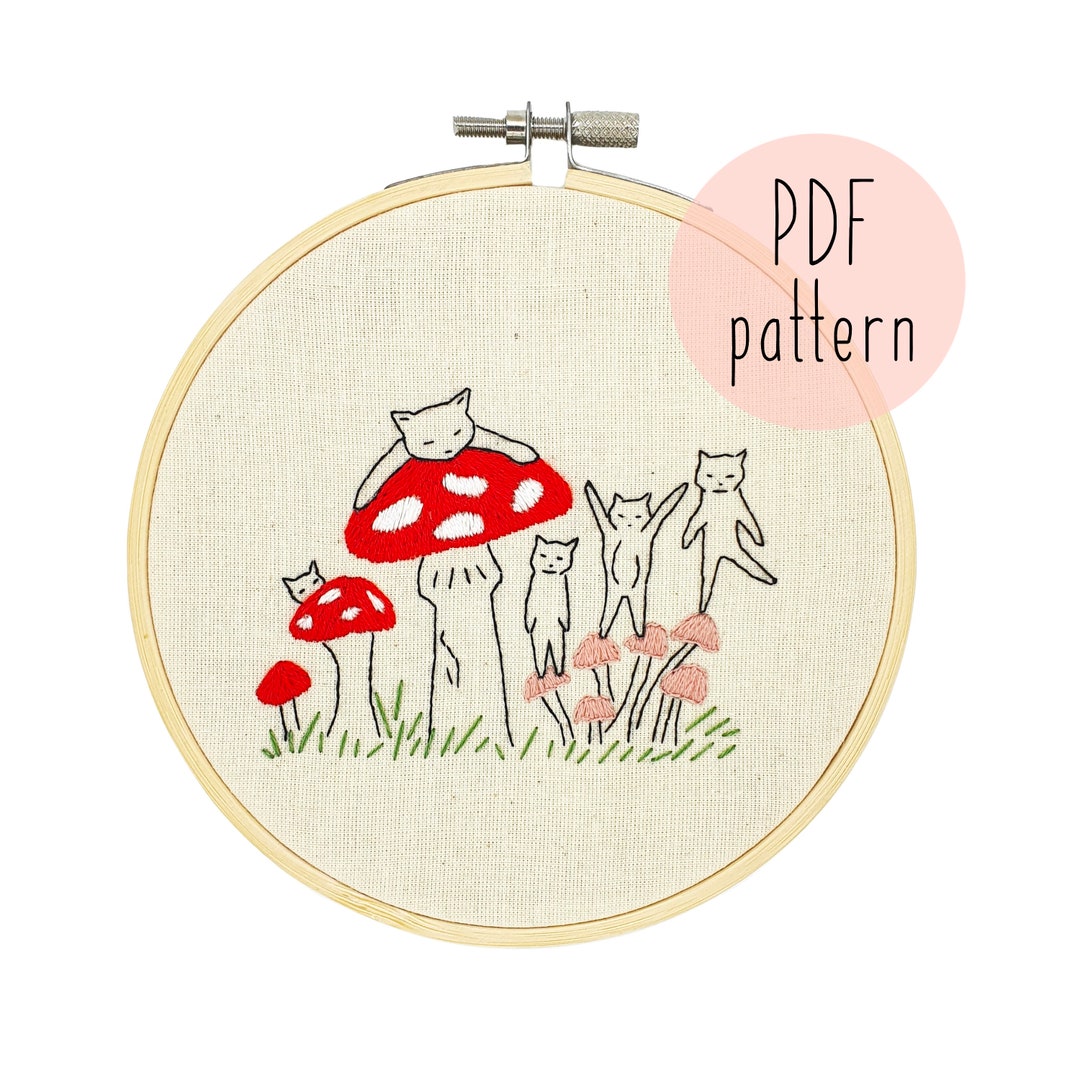 PDF Mushroom Cats Embroidery Pattern | Cat Embroidery Pattern ...