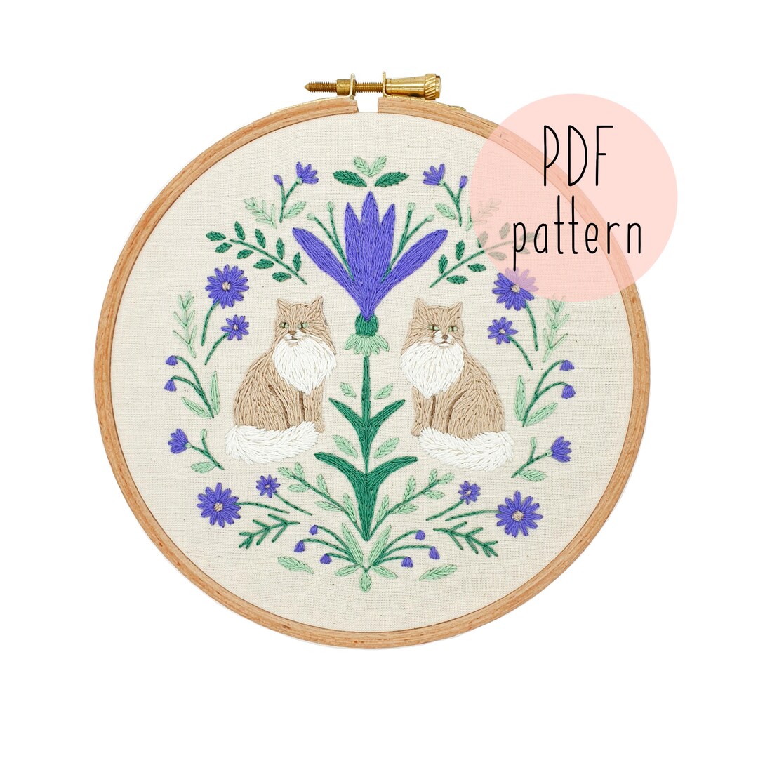 PDF Mirror Cats Embroidery Pattern, Cat Embroidery Pattern, Embroidery ...