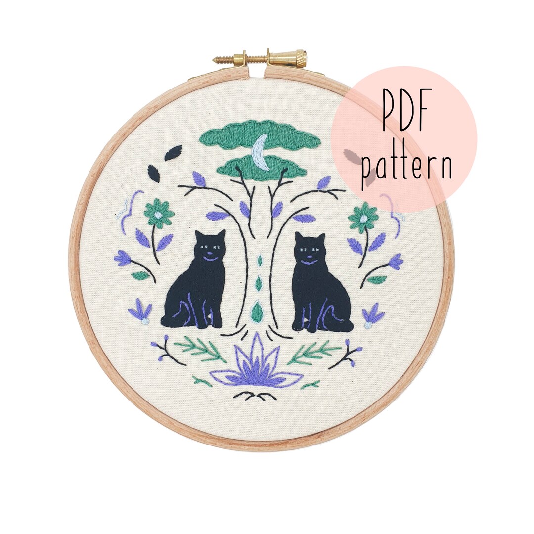 PDF Black Tree Cats Embroidery Pattern, Cat Embroidery Pattern ...