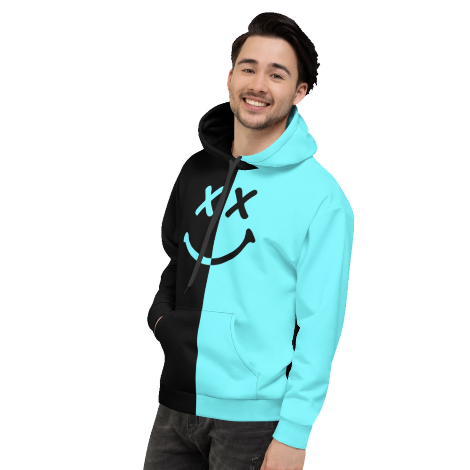 Color Split Black and Aqua Hoodie With Smiley Face - Etsy