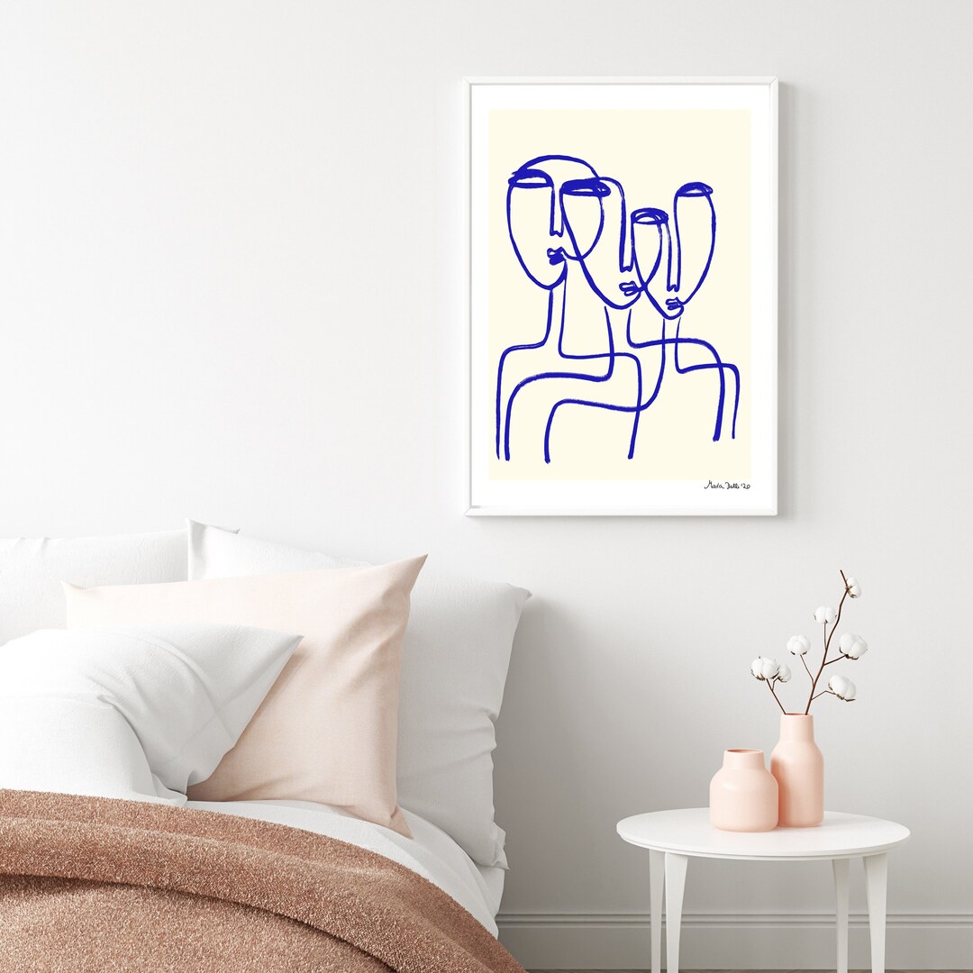 Abstract Blue Face Framed Print , One Line Wall Art , Portrait Print ...