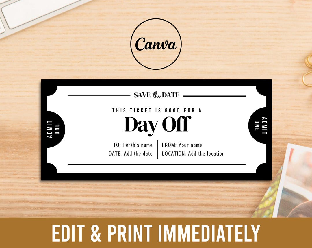 Day off Gift Coupon INSTANT DOWNLOAD, Editable Text Printable Voucher ...