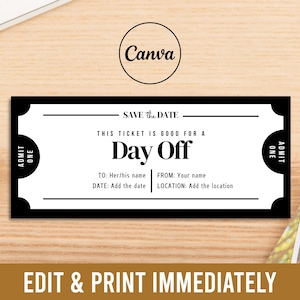 Day off Gift Coupon INSTANT DOWNLOAD, Editable Text Printable Voucher ...