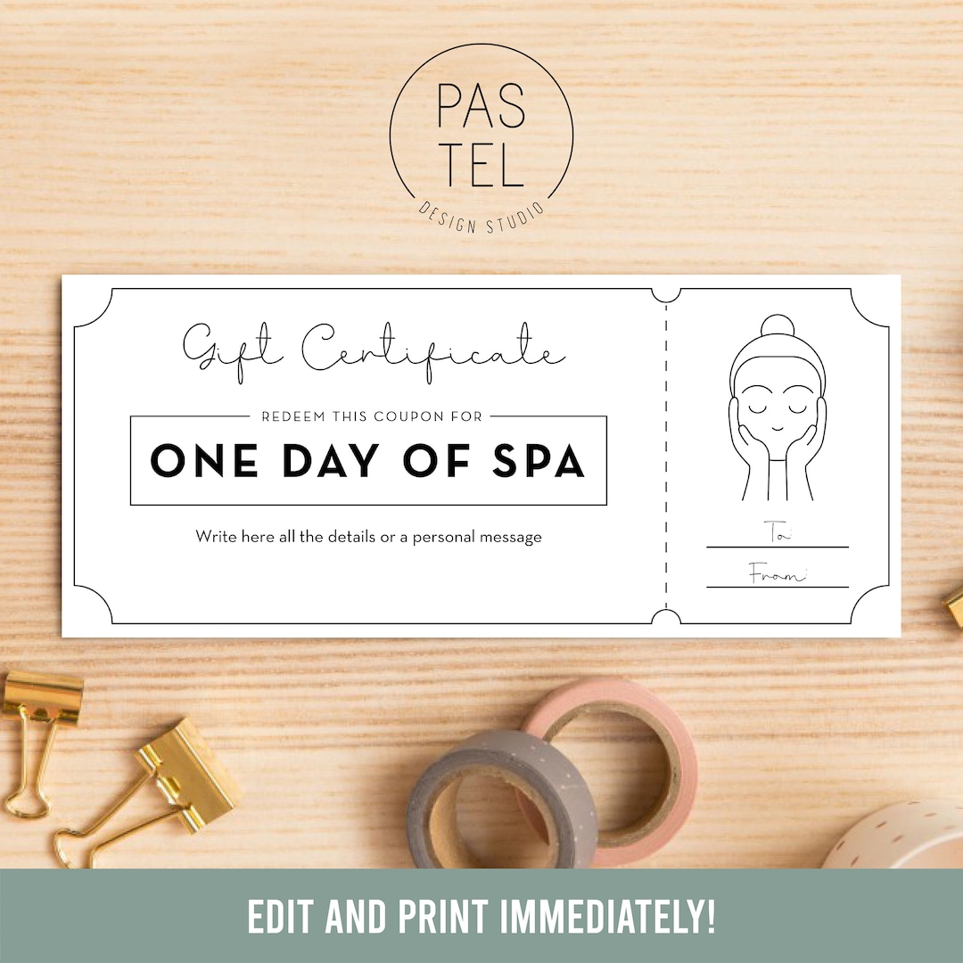 Spa Day Gift Coupon INSTANT DOWNLOAD, Editable Text Printable Voucher ...