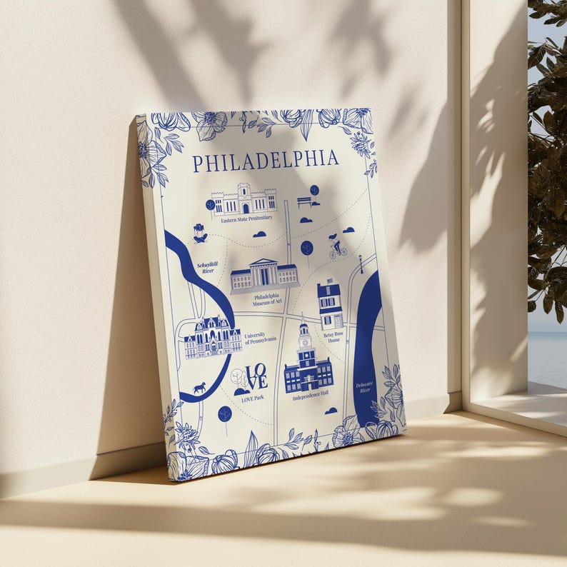 Illustrated Map of Philadelphia – Toile Style, Philadelphia Wall Art ...