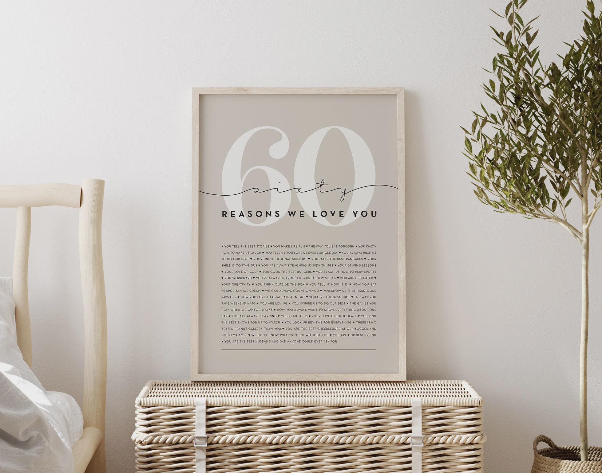 60th Birthday Gift 60 Reasons We Love You Print Sentimental Wall Art ...