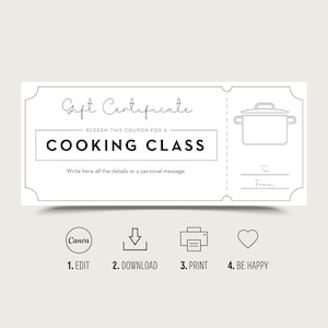 Cooking Class Gift Coupon INSTANT DOWNLOAD, Editable Text Printable ...