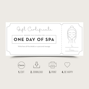 Spa Day Gift Coupon INSTANT DOWNLOAD, Editable Text Printable Voucher ...