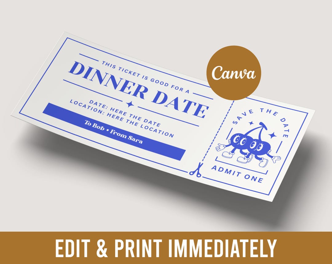 Vintage Style Date Ticket Digital Dinner Voucher Retro Gift Instant ...