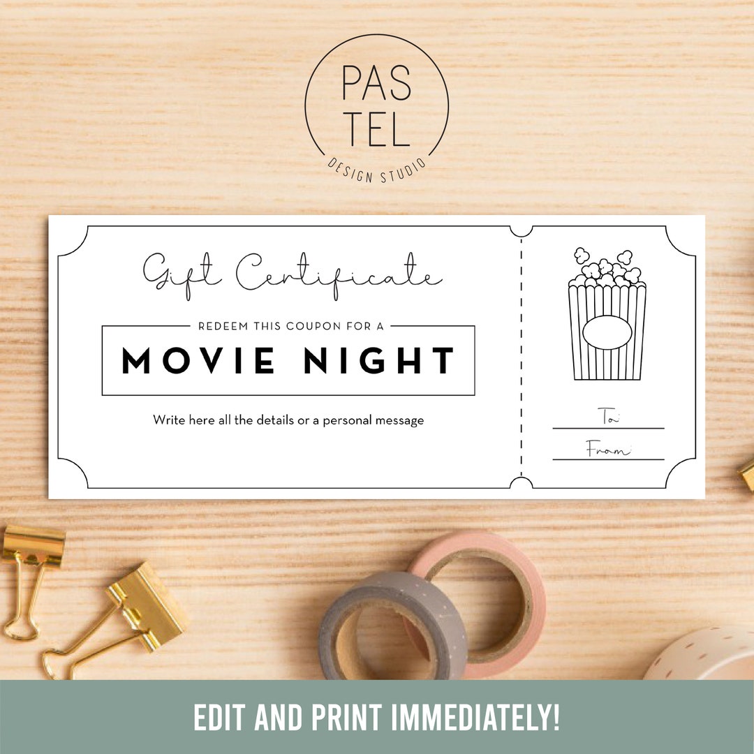 Movie Night Gift Coupon INSTANT DOWNLOAD, Editable Text Printable ...
