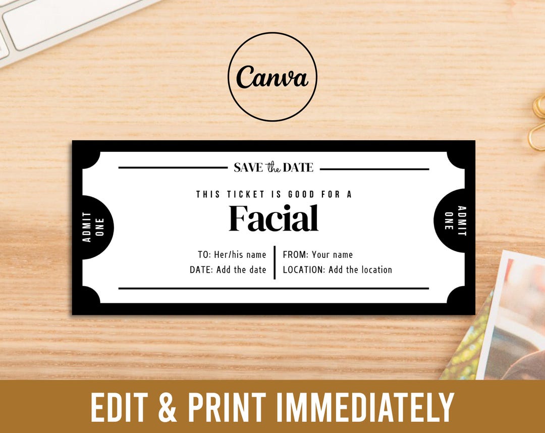 Facial Gift Coupon INSTANT DOWNLOAD, Editable Text Printable Voucher ...