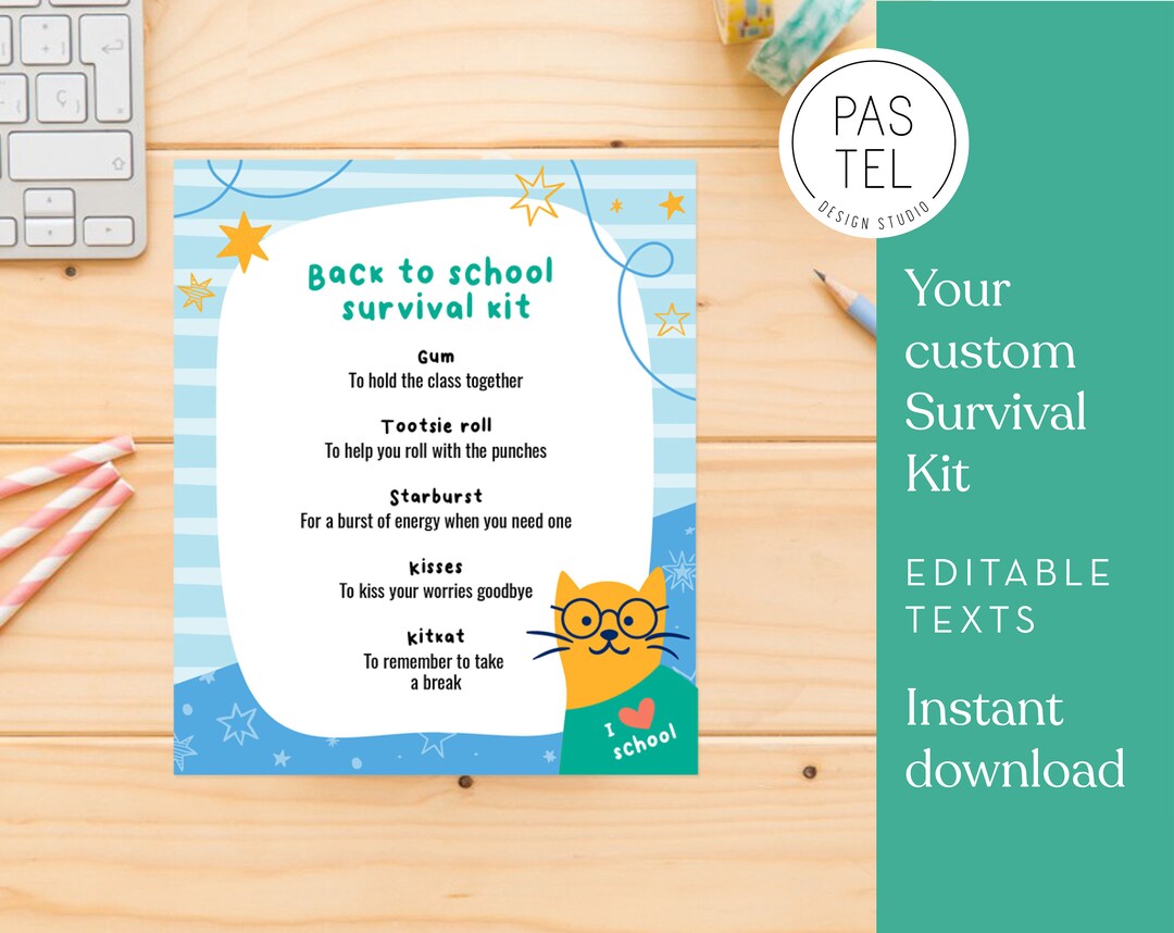 Editable Back to School Survival Kit Tag Printable Digital Gift Tag ...