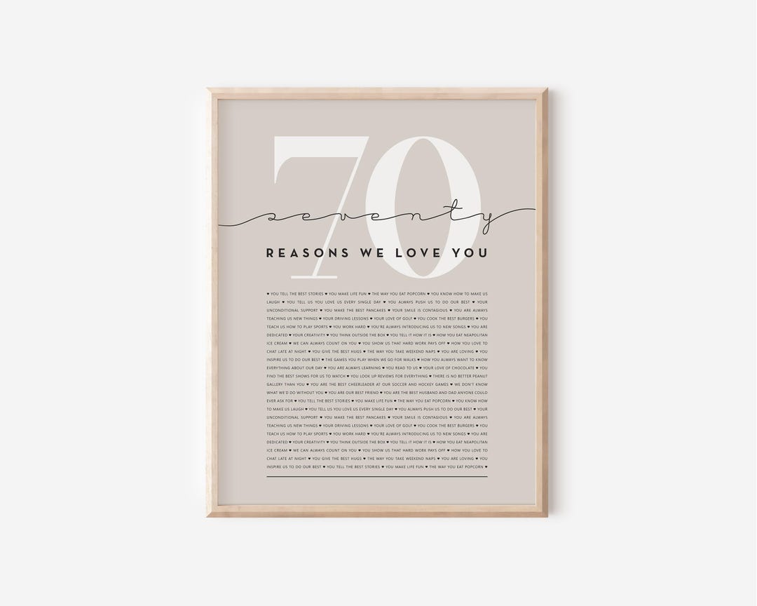 70th Birthday Gift 70 Reasons We Love You Print Sentimental Wall Art ...