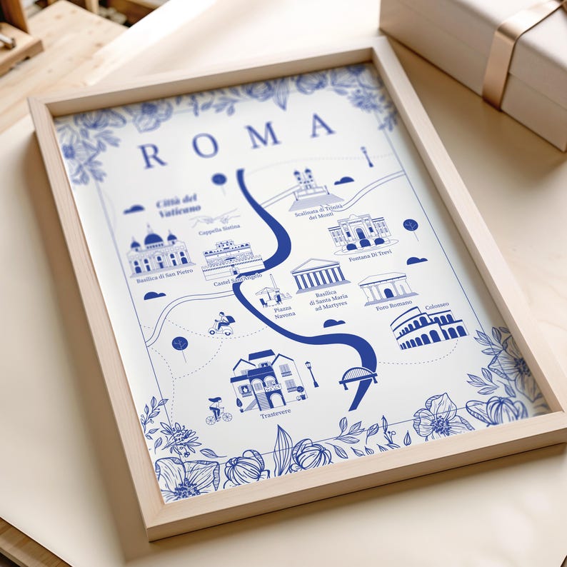 French Country Illustrated Map of Rome – Toile Style, Rome Wall Art ...