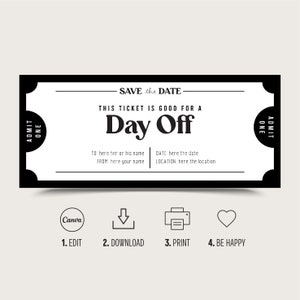Day off Gift Coupon INSTANT DOWNLOAD, Editable Text Printable Voucher ...