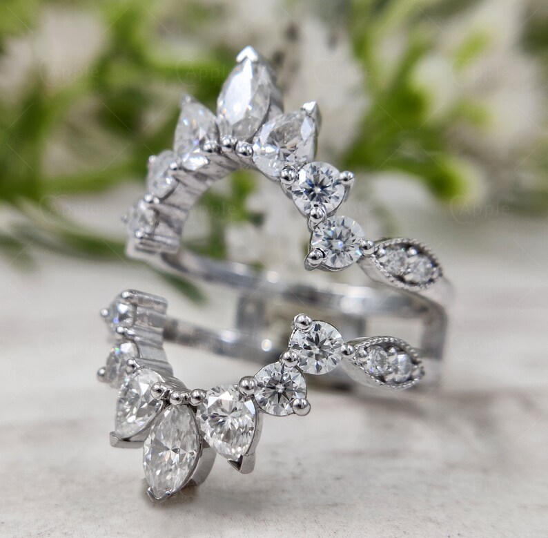 Unique Moissanite Ring Enhancer, Double Contour Wedding Bands, Art Deco ...